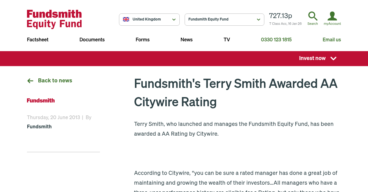 Fundsmith's Terry Smith Awarded AA Citywire Rating | Fundsmith